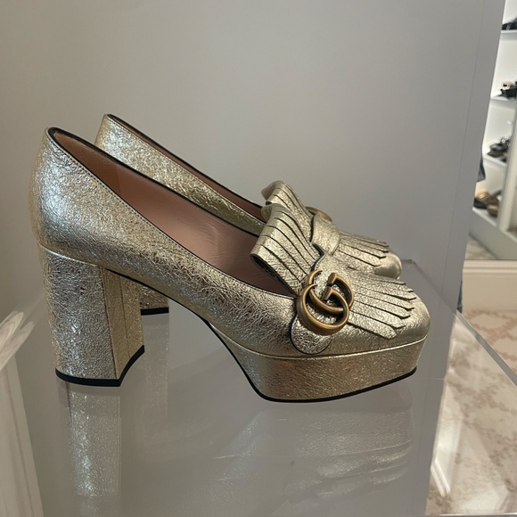 Gucci | Shoes | Gold Gucci Marmont Heel Loafer 85 | Poshmark